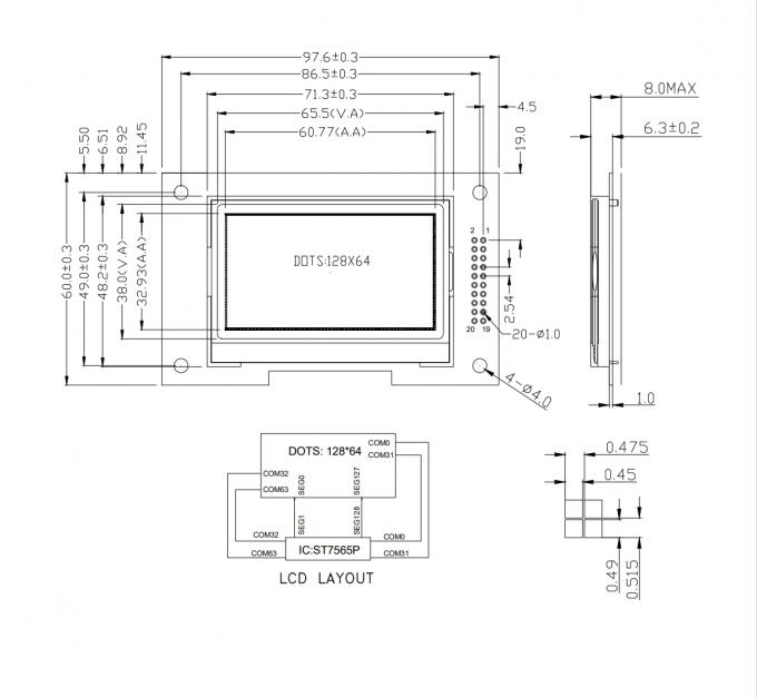3 Inch Dot Matrix Lcd Module STN/FSTN, 128X64 DOTS, Driving IC ST7565P, 4 Wire SPI Interface