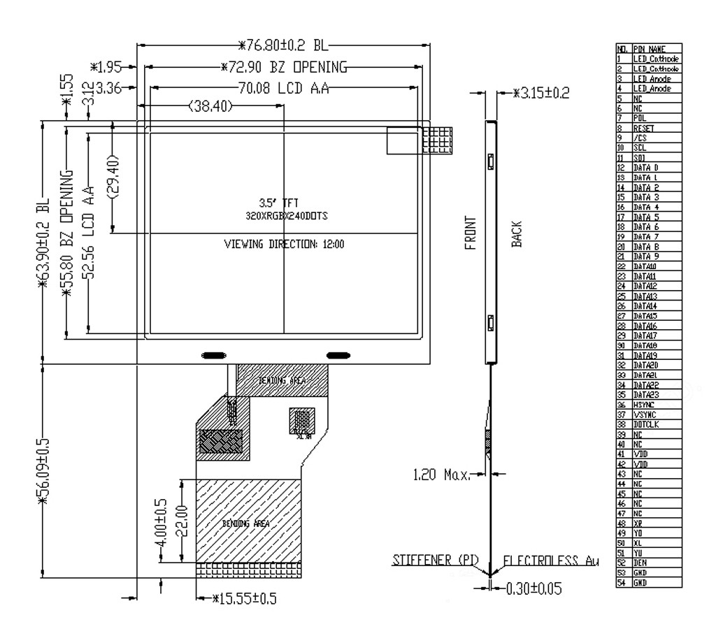 3.5 Inch 900cd/M2 LCD TFT Display, 320x240 Resolution, 54 Pins 24bit ...