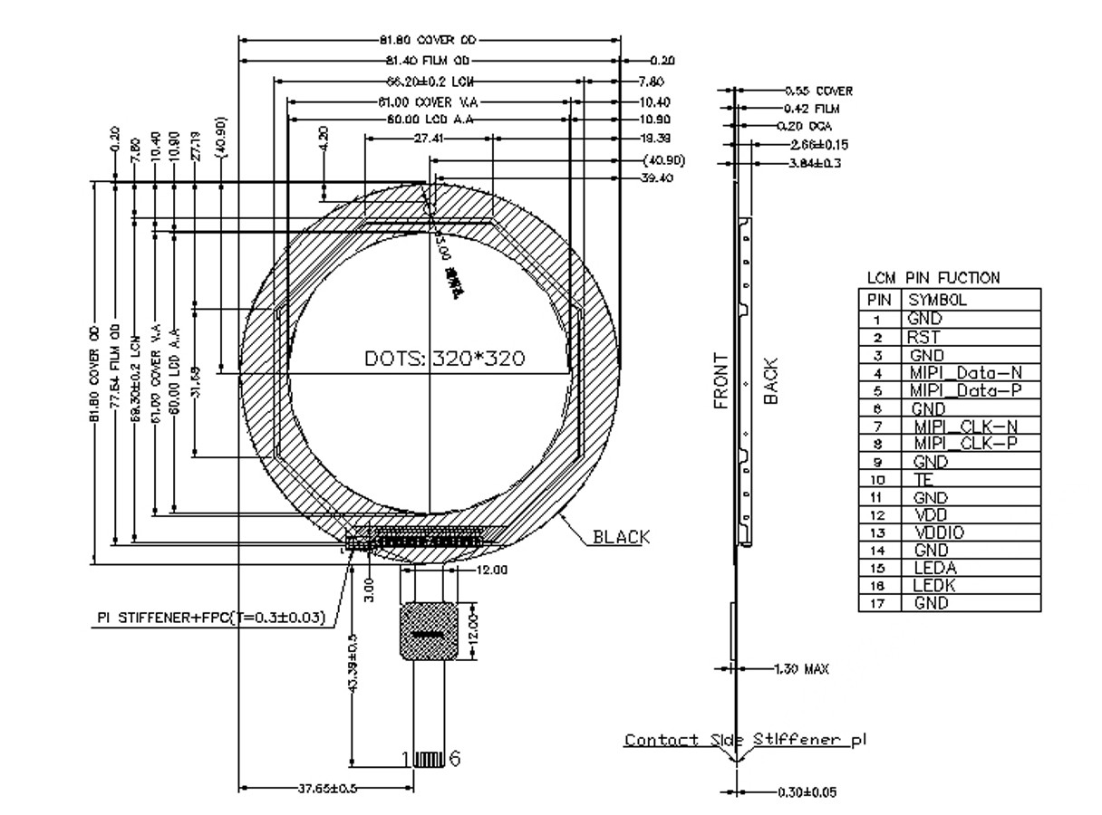 3.34 Inch Touch Screen TFT Display 320x320 17 PINS MIPI Interface 550 CD/M2
