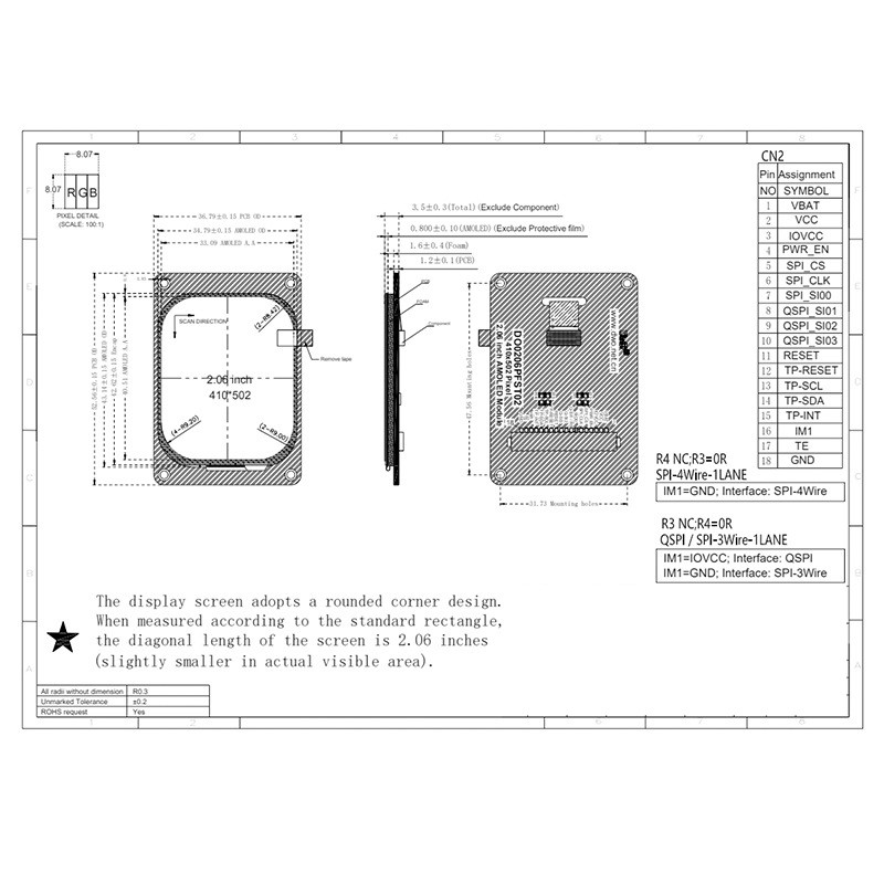 2.06 Inch AMOLED Oled Display 410*502 Resolution SPI/QSPI Interface ...